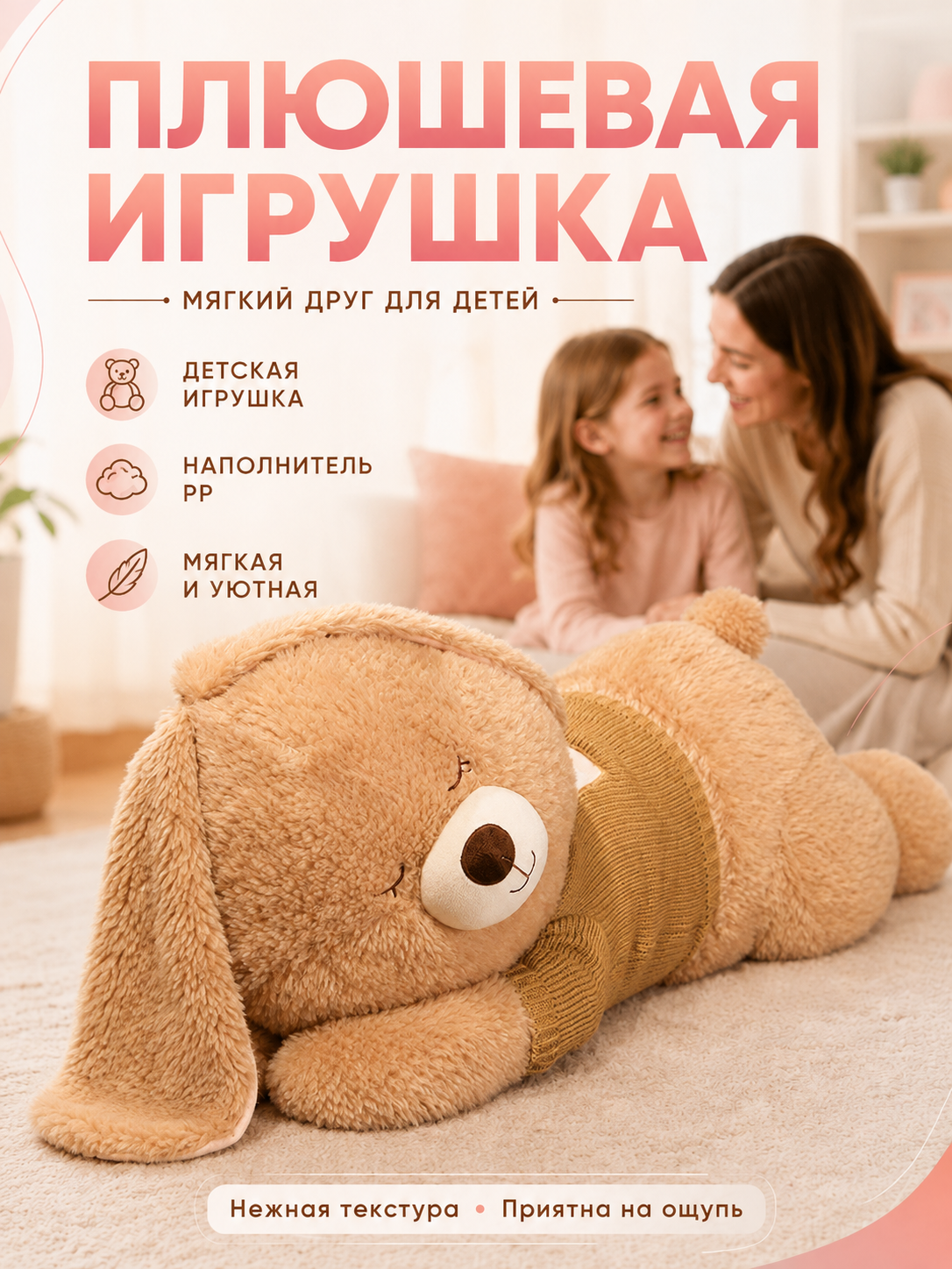 Плюшевая лежачая зайка в свитере, мягкая игрушка подушка для сна, подарок девушке, наполнение ПП-хлопок, размеры от 80 до 160 см,80,