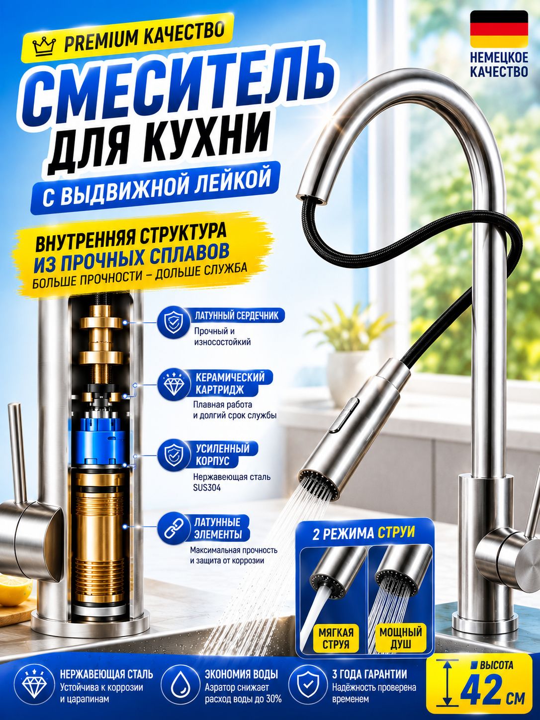 Смеситель для кухни AquaLux из нержавеющей стали с выдвижным гибким изливом, кран на кухню для раковины, смеситель на мойку, гибкий кран для кухни и раковины