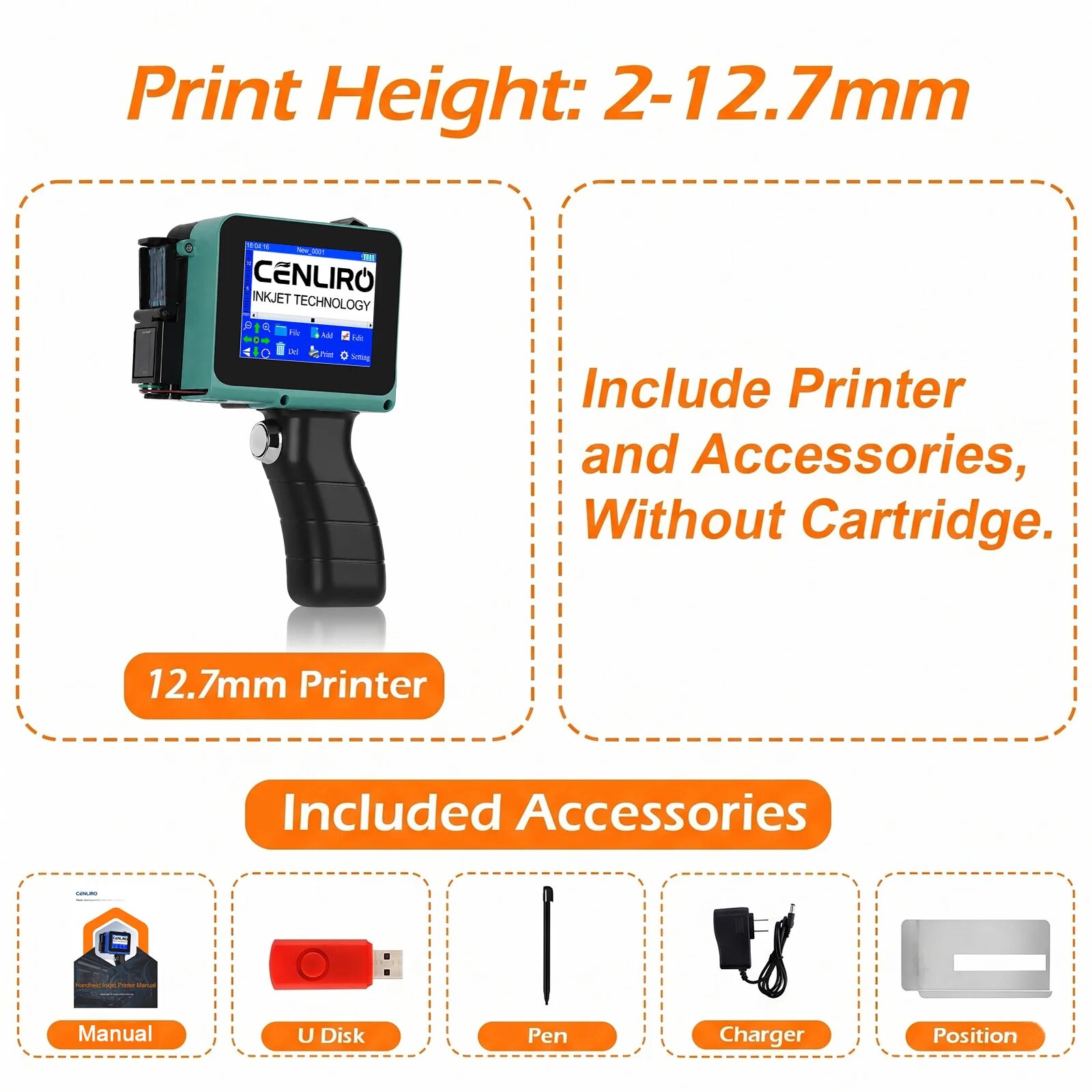 Портативный струйный принтер Cenliro CL05P 100В-240В, вилка стандарта США, Green No Cartridge