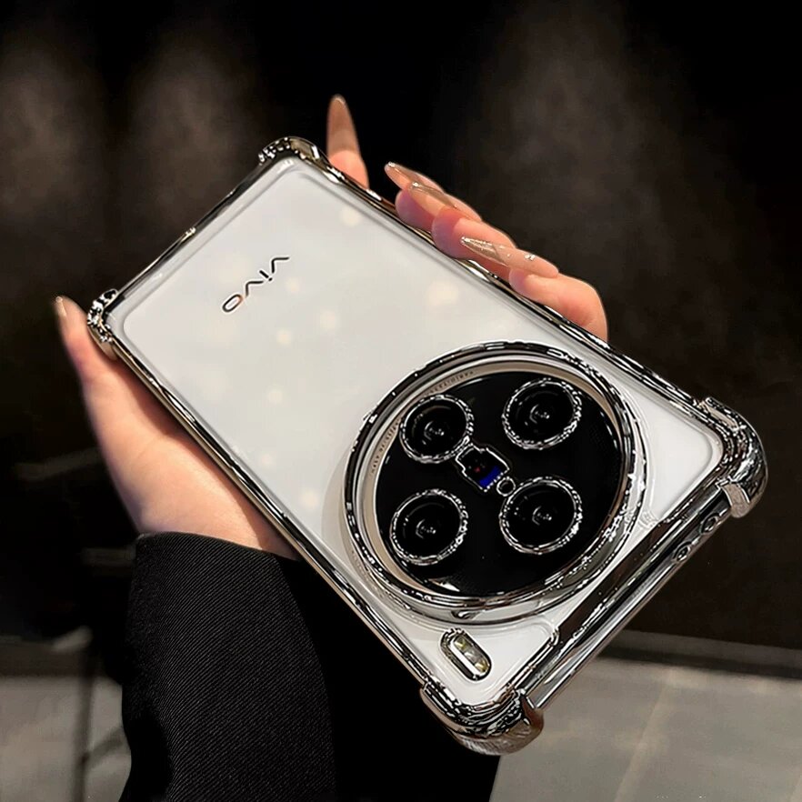 Чехол для Vivo X100 SPro с 4-точечной защитой от ударов и электролакировкой, серебристый, одинарный, повышенная
