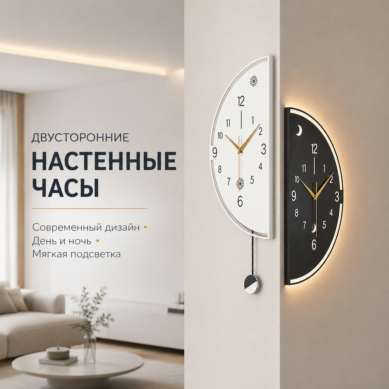 Две половинчатые настенные часы «Солнце и Луна», модульный настенный декор, одна модель с маятником, 46x23.5cm