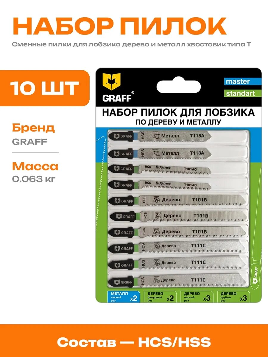 Пилки для электролобзика Т хвостовик 10 штук дерево металл