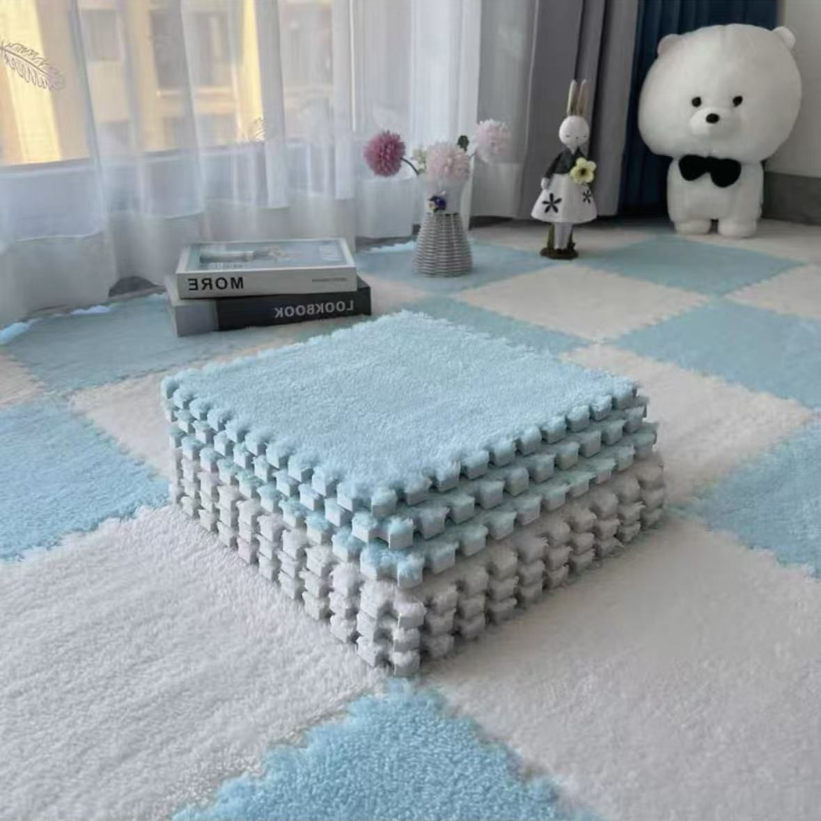 Плюшевые Пазлы Ковры На Пол, EVA, 30x30 см, 10 штук, Белый + светло-голубой