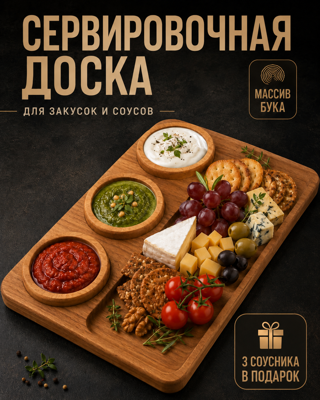 Деревянная доска для сервировки + 3 соусника