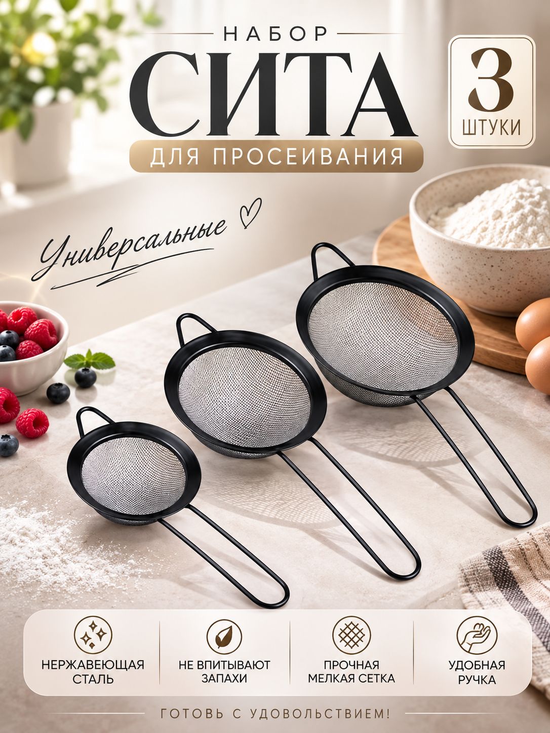 Сито, набор 3шт, диаметр 7см, 8см, 10см, черные