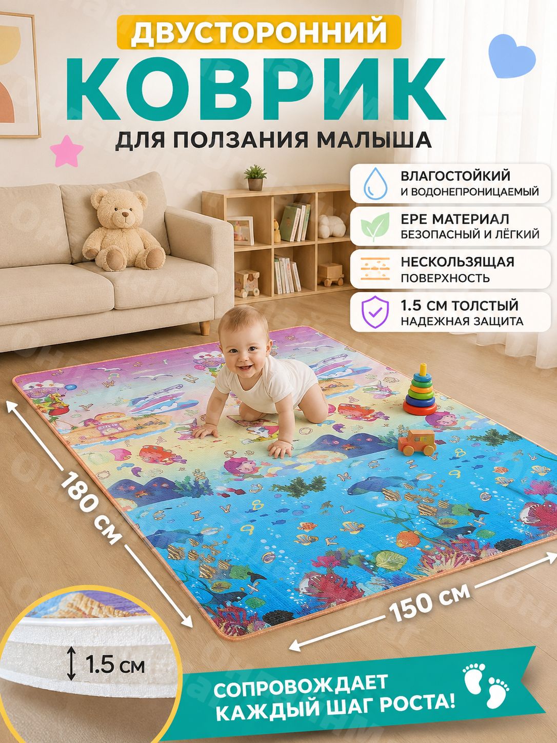 Детский двусторонний складной коврик для ползания 150*180 см, игровой коврик для малышей