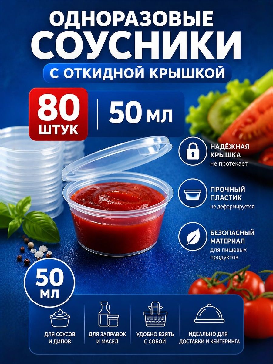 Одноразовые пластиковые контейнеры с крышкой, круглые, для соусов и супов, для упаковки еды