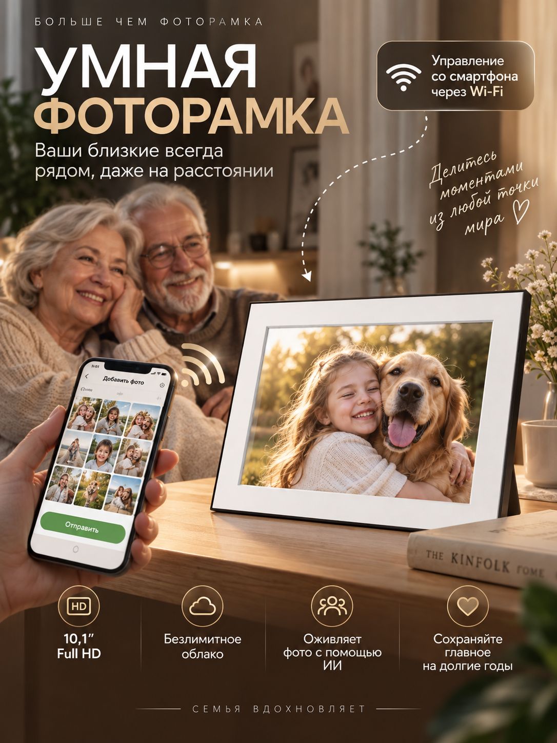 Цифровая фоторамка Homture Magic Frame, ИИ-фоторамка 10.1" Full HD с искусственным интеллектом, 64 ГБ, Wi-Fi