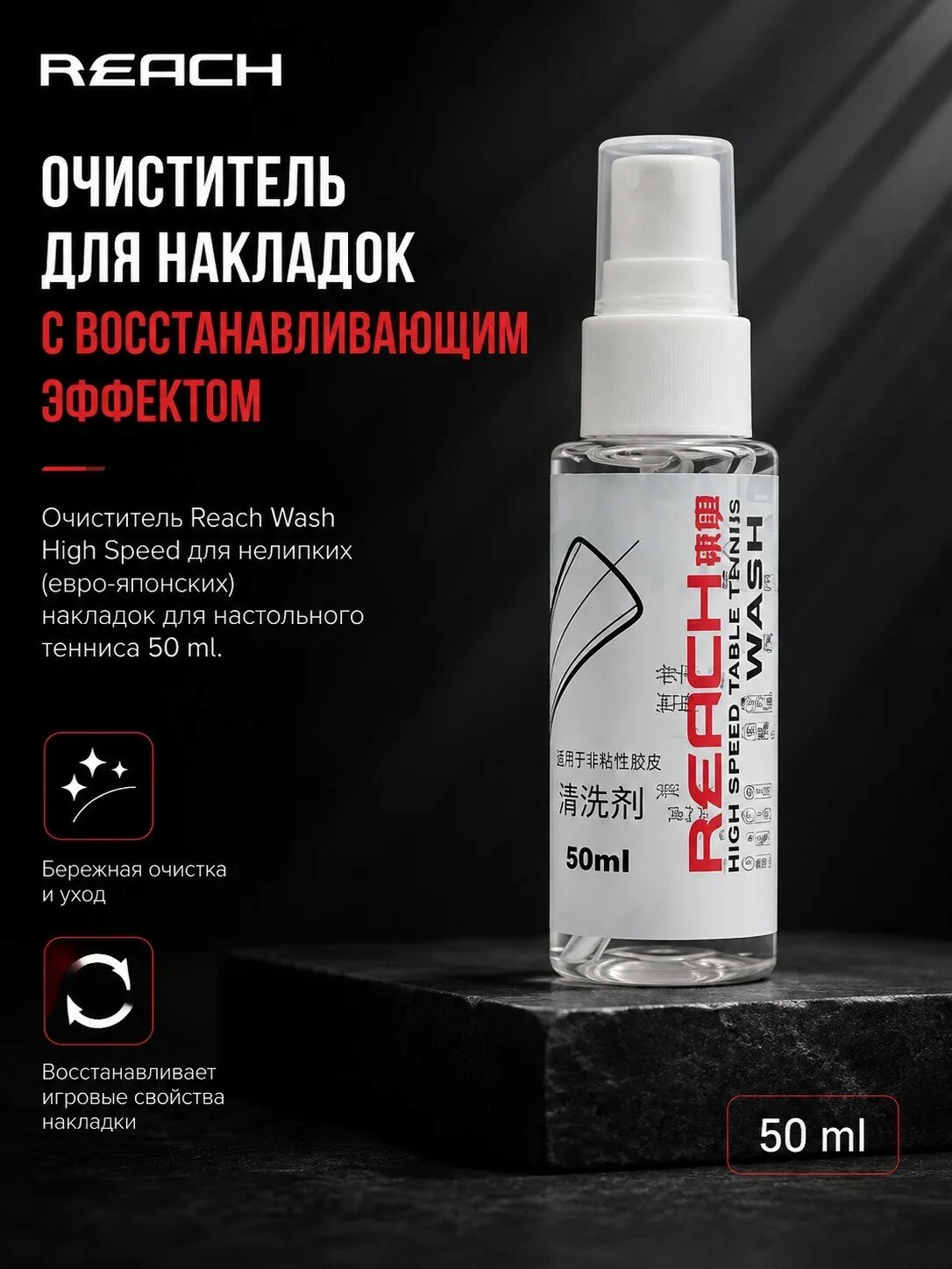 Очиститель Reach Wash High Speed для нелипких (евро-японских ) накладок для настольного тенниса 50 ml. Восстановитель