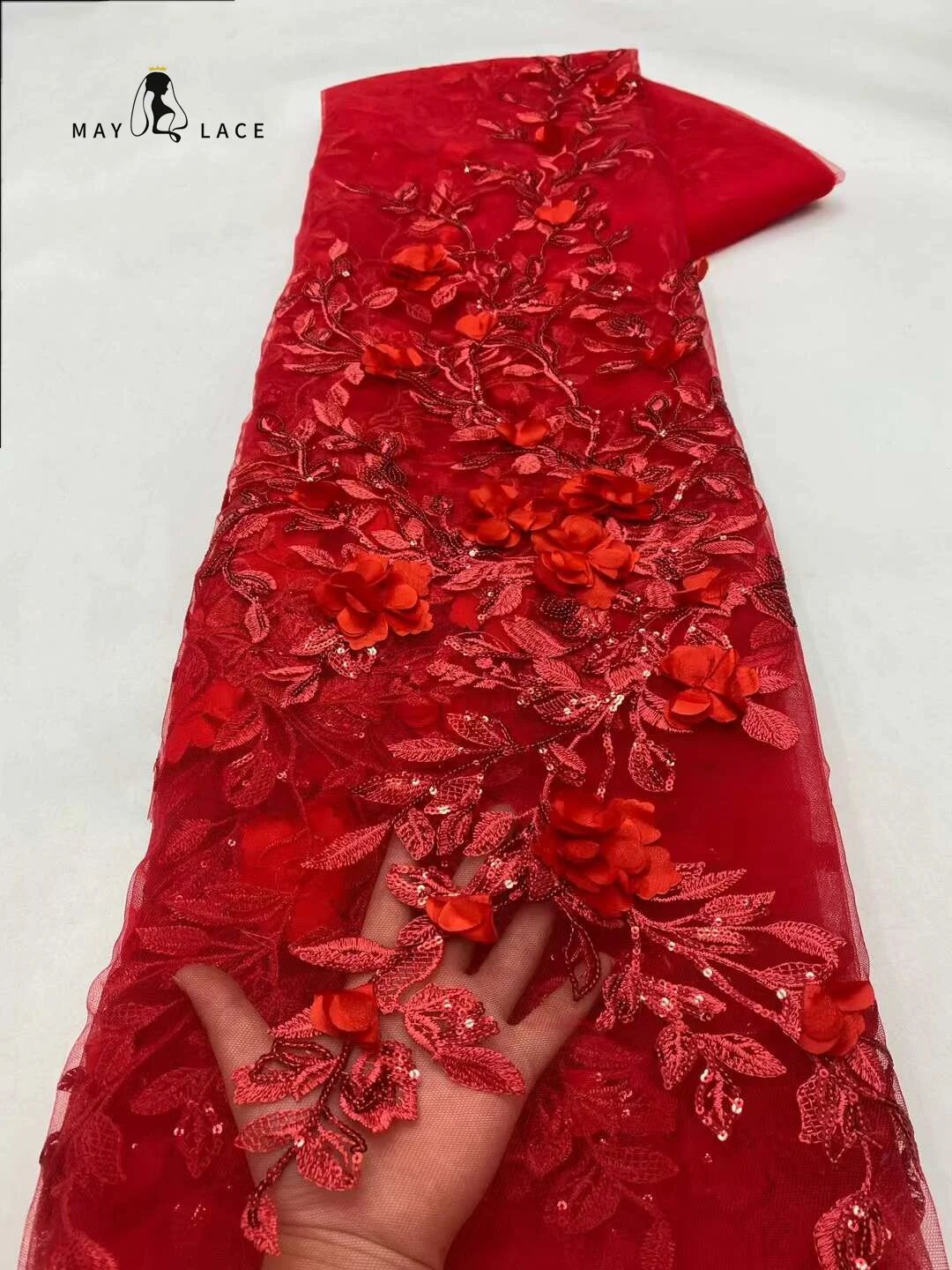 Французское кружево с 3D-аппликацией, красный, 5 ярдов Красный, 2African lace fabric