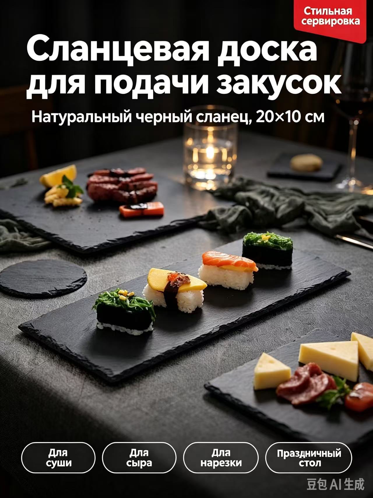 Сервировочная доска из натурального камня, сланец для подачи блюд, 20х10 см, черная