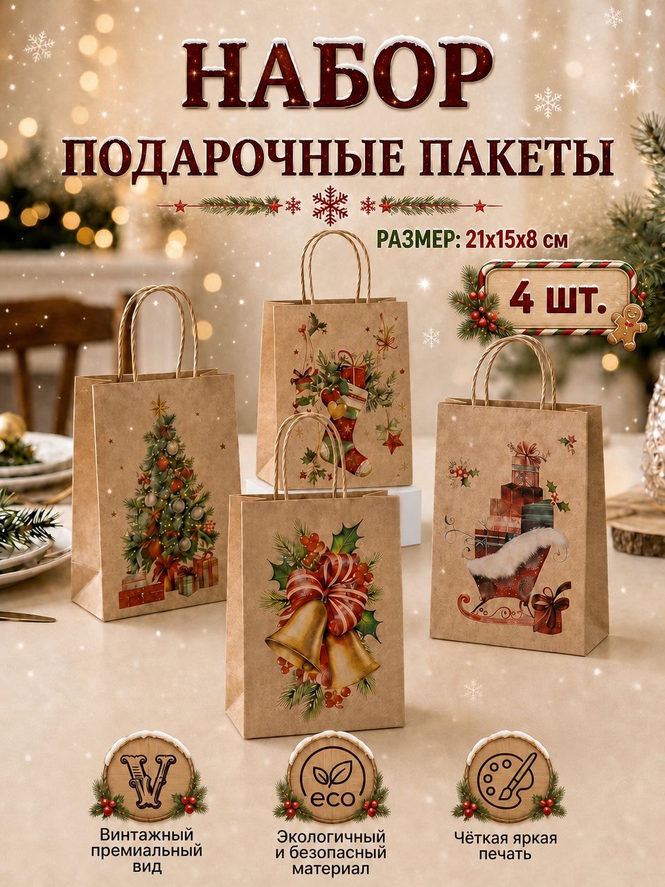 Подарочные пакеты с принтом Деда Мороза, Новый год и Рождество, 4 шт, размер 21x15x8 см