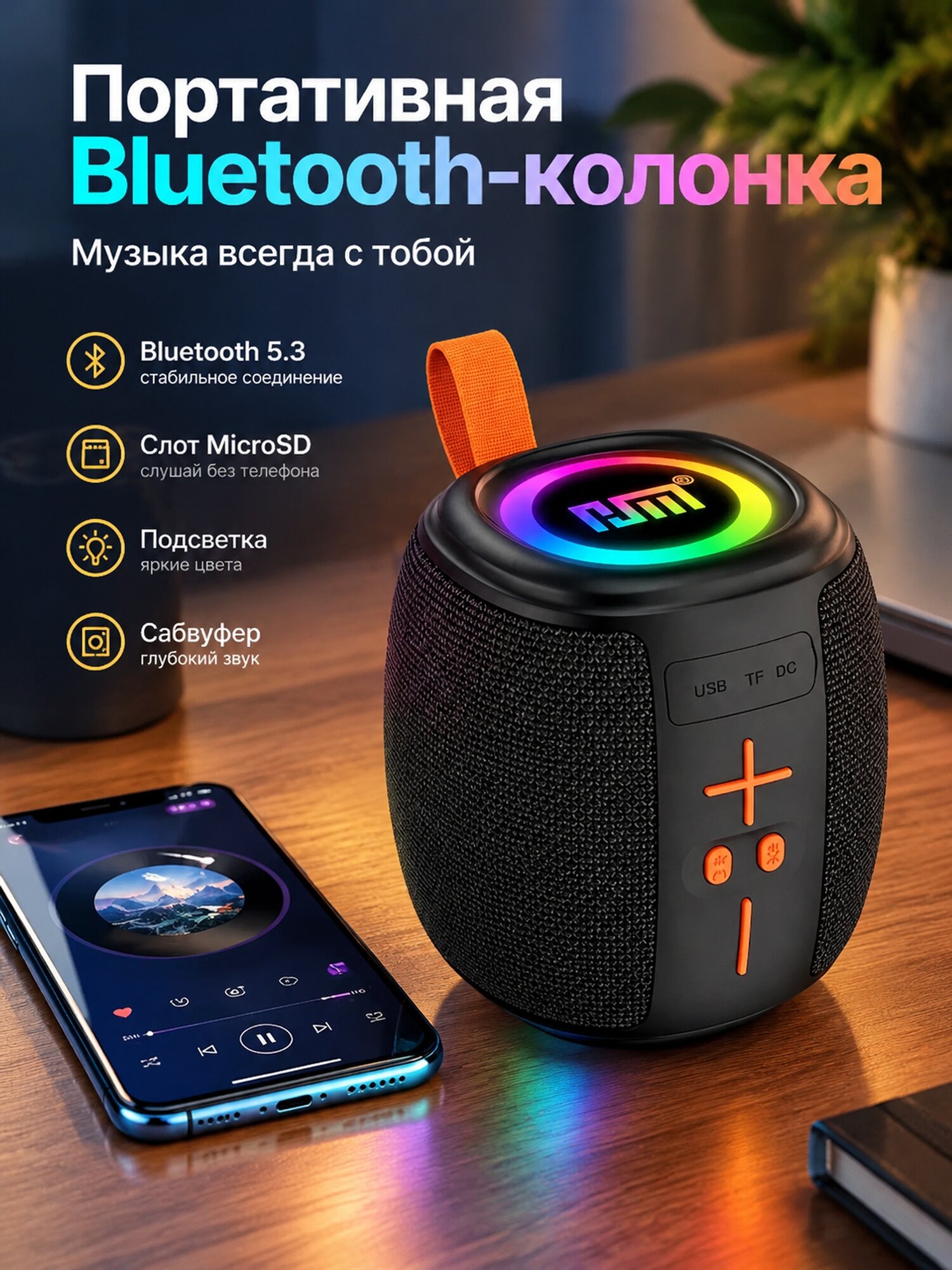 Портативная Bluetooth-колонка 5.3 с подсветкой и слотом MicroSD