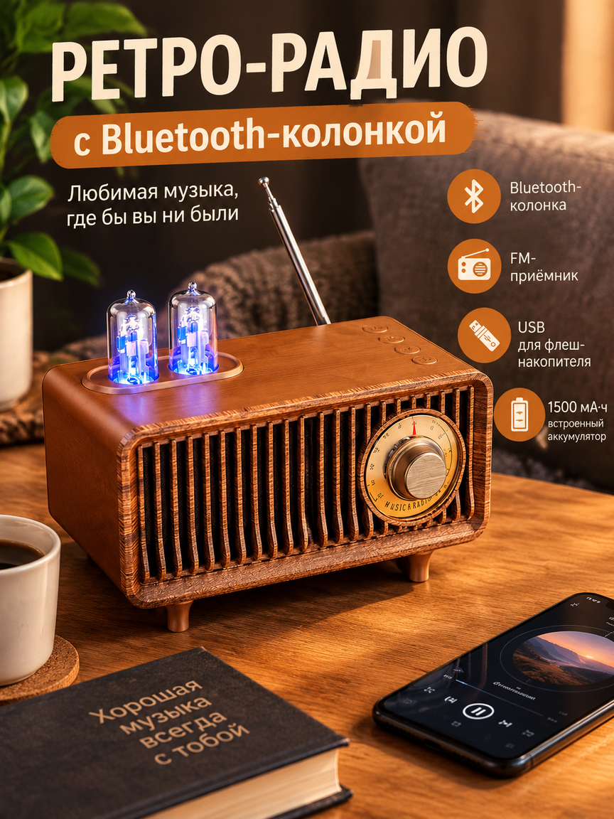 Ретро-радио с Bluetooth-колонкой, FM-приёмник, USB для флеш-накопителя, оранжевый корпус