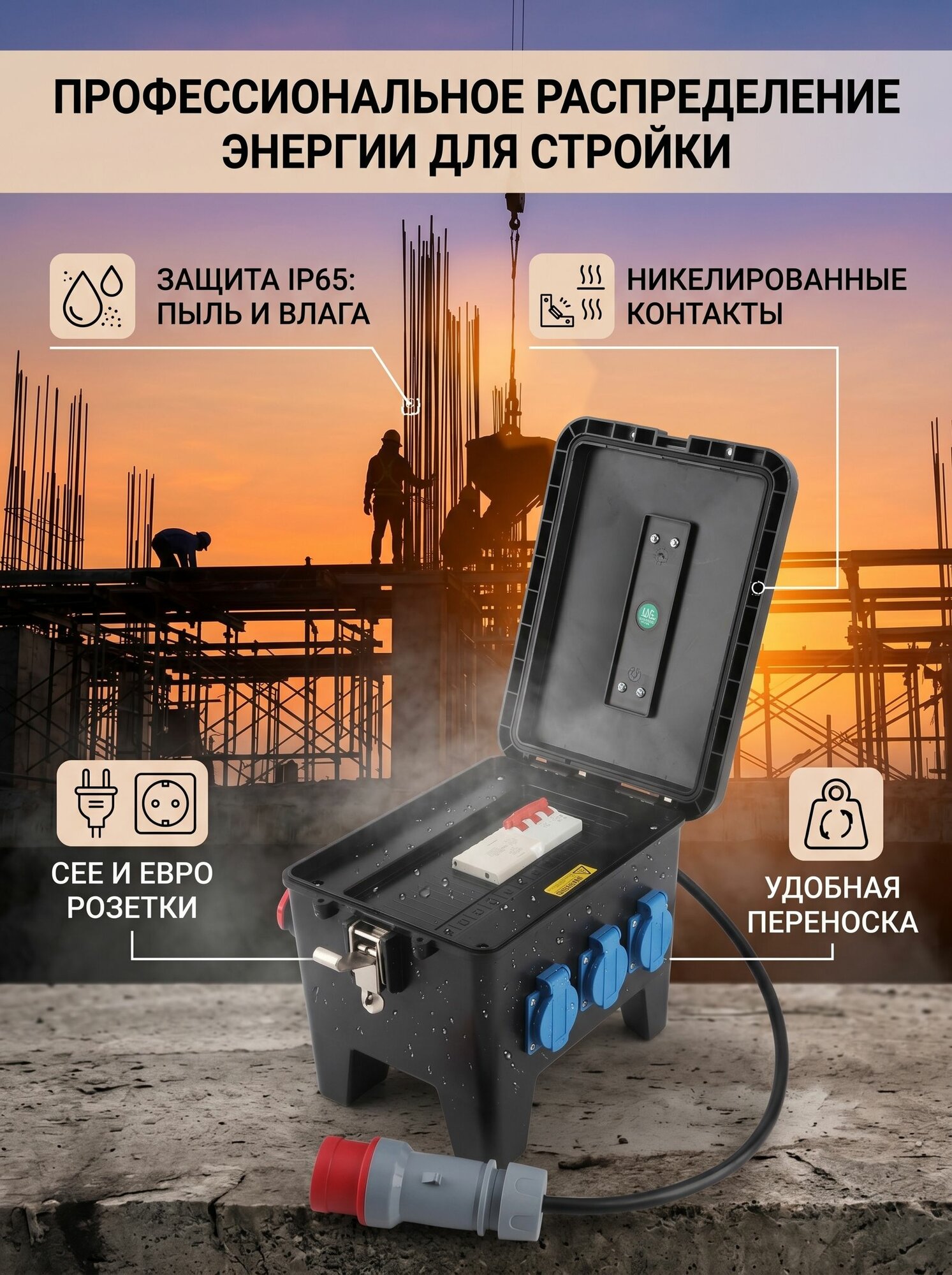 Портативный уличный компактный распределитель питания для строительной площадки с кабелем
