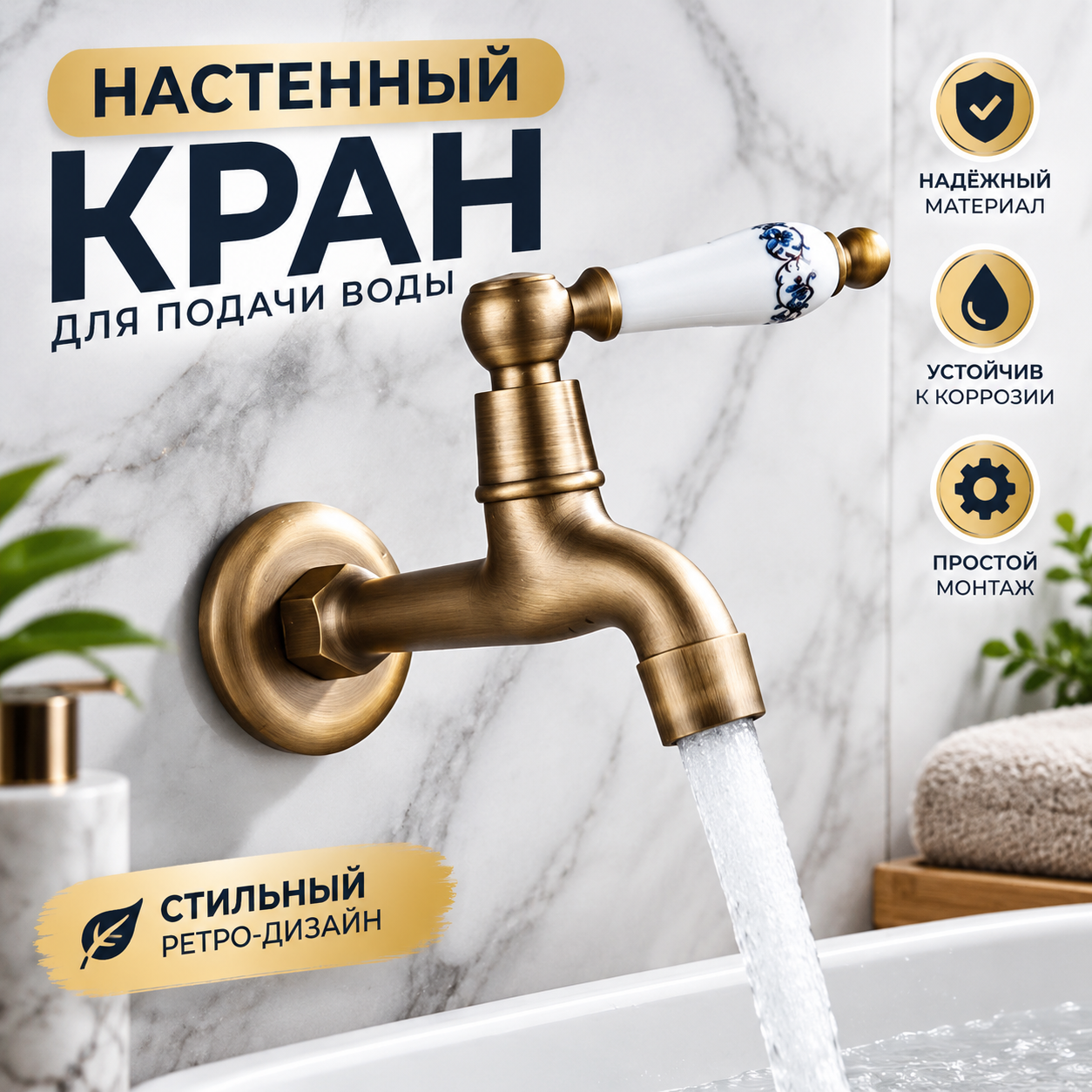 Кран водоразборный латунный декоративный 1/2" для бани, сауны, хаммама и дачи, с керамической ручкой, бронза, 190 мм