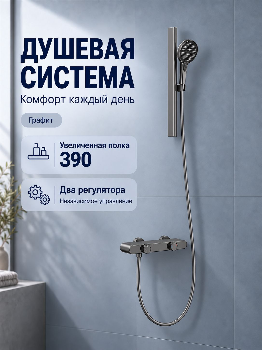 Душевая система GROHE имеет корпус из цельной латуни и оснащена раздельными элементами управления с двумя рукоятками