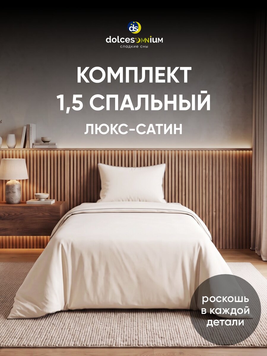 Постельное белье 1,5 спальное сатин с кантом, однотонное, DolceSomnium, "Молочный"