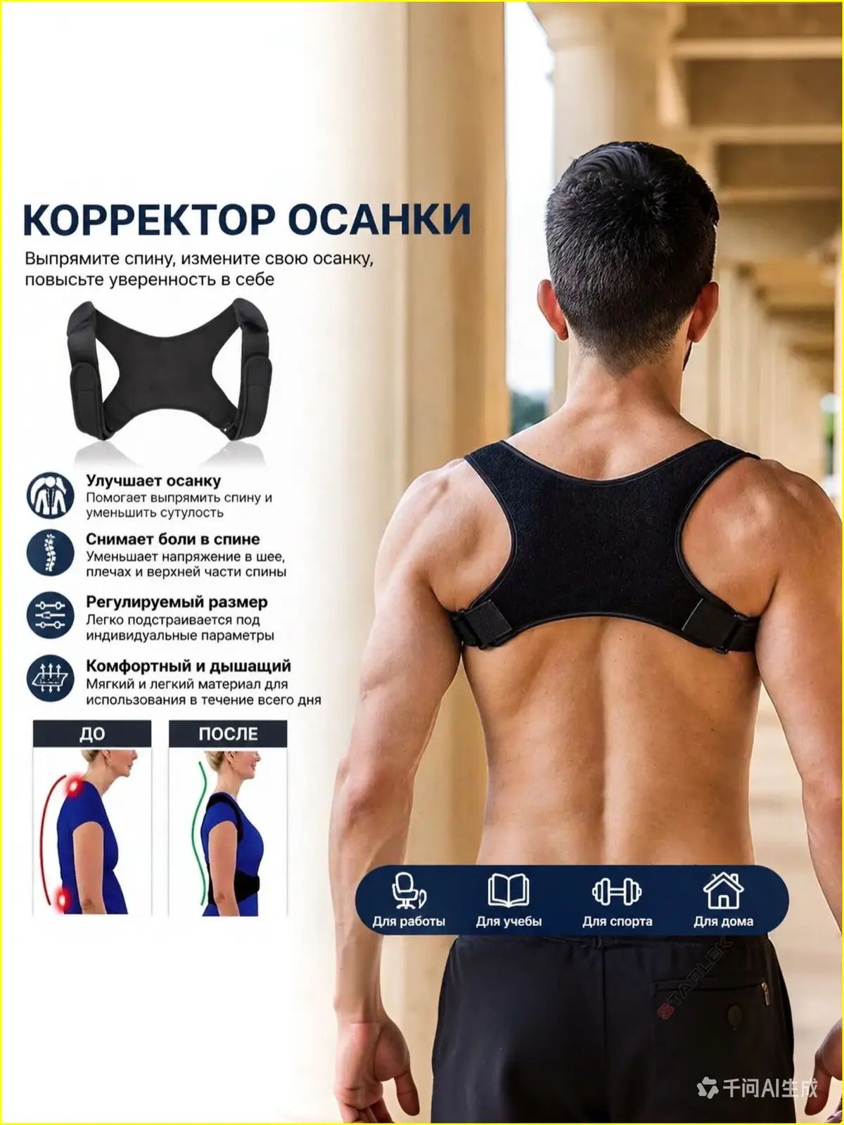 Корректор осанки для взрослых чёрный унисекс регулируемый от сутулости ортопедический корректор спины для спины и плеч послеродовой