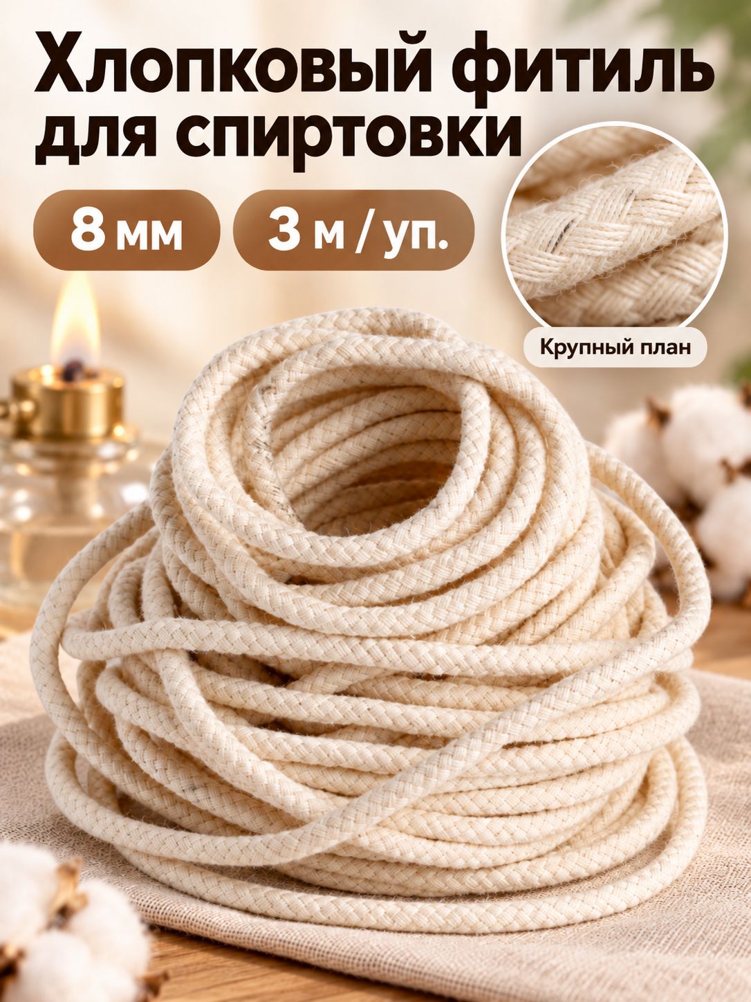 Хлопковый фитиль для свечей и масляных ламп, 3 м, диаметр 8mm, круглый шнур для горелки