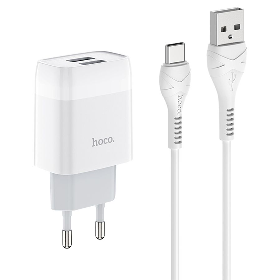 Сетевое зарядное устройство Hoco C73A 12W 2*USB-A, 2.4A + кабель USB-C, белый (зарядка для смартфонов c tipe-c и пр.)