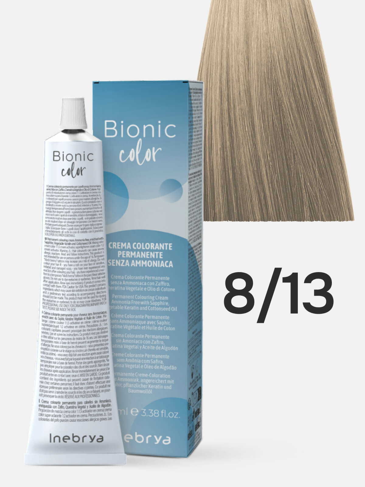 Крем - краска для волос профессиональная без аммиака Inebrya Bionic Color 8/13 Светлый русый Пепельно-золотистый, 100 мл
