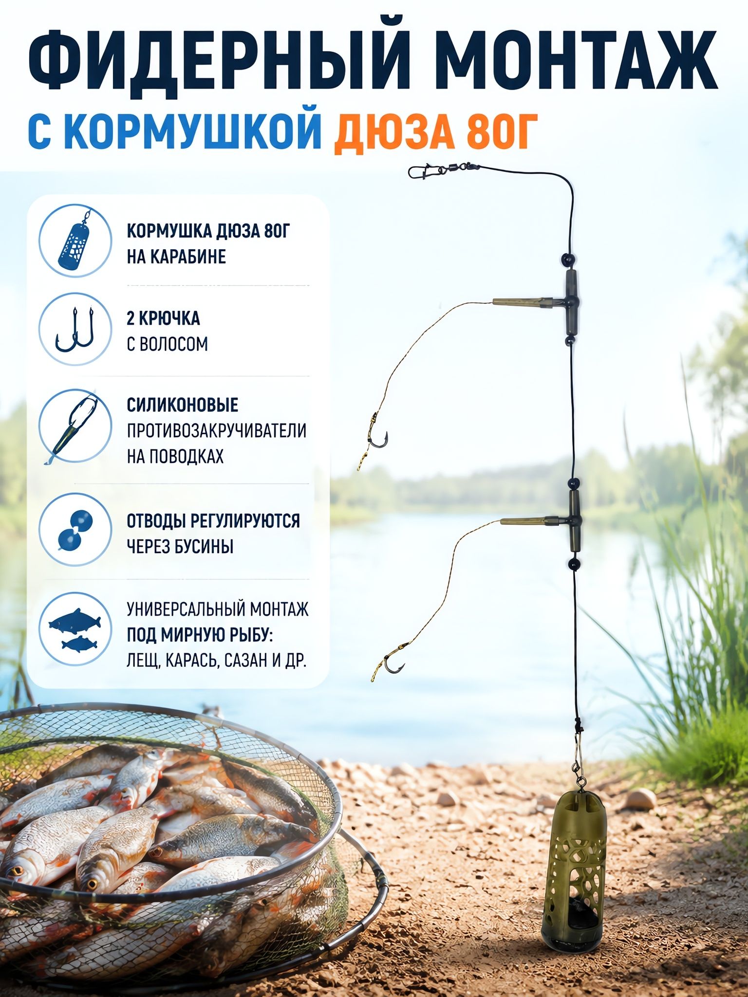 Фидерный монтаж с кормушкой Дюза 80г, 2 крючка с волосом , противозакручиватели на поводках , снасть готовая