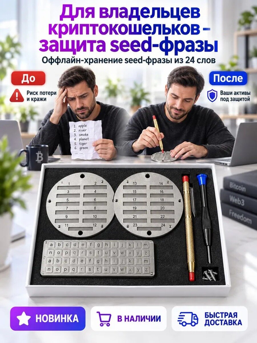 Металлический держатель seed-фразы для криптокошелька, 24 ячейки, нержавеющая сталь