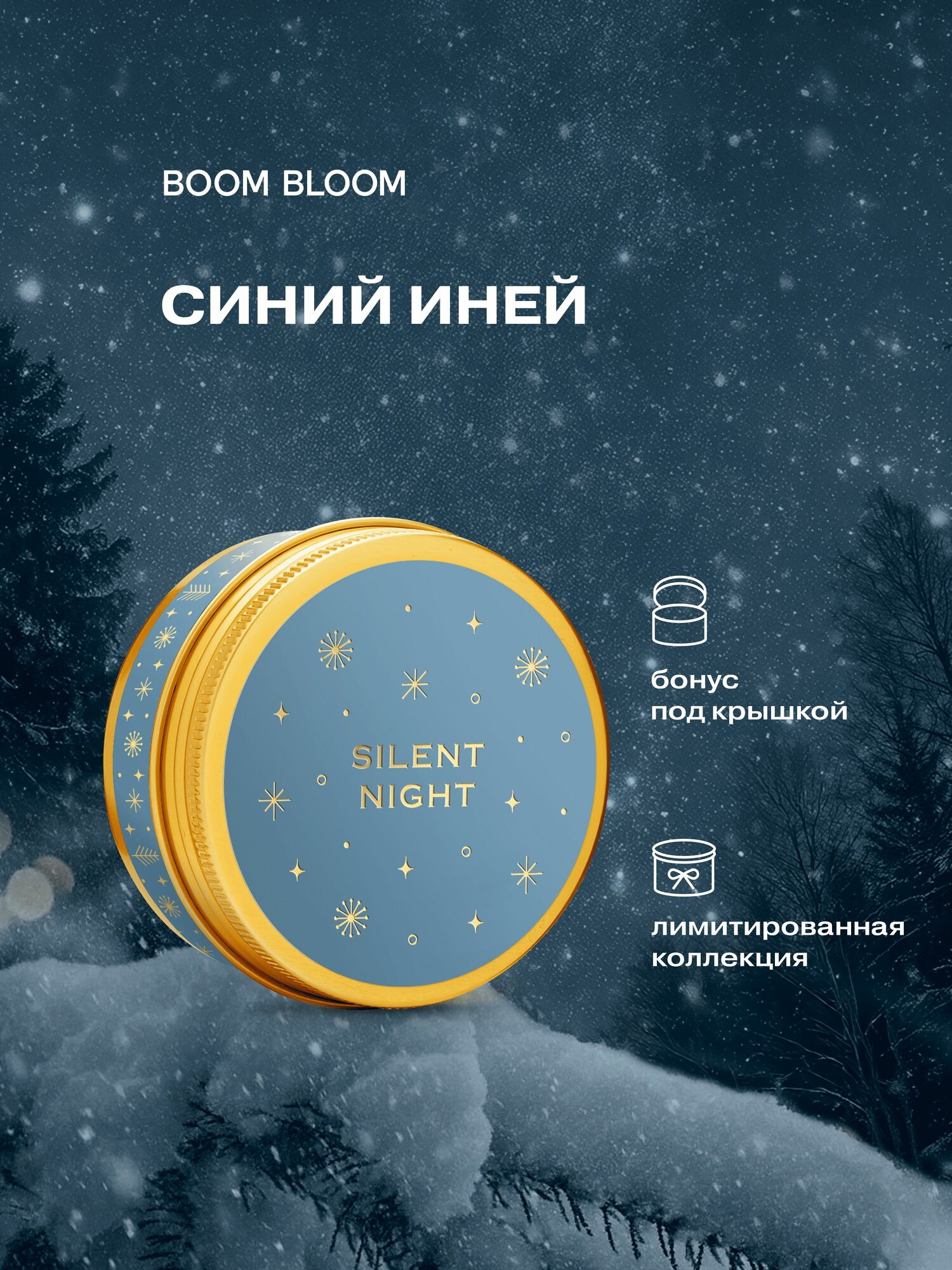 BoomBloom Ароматическая соевая свеча для дома в банке Silent Night Мох, Сандал, Можжевельник, 90 г