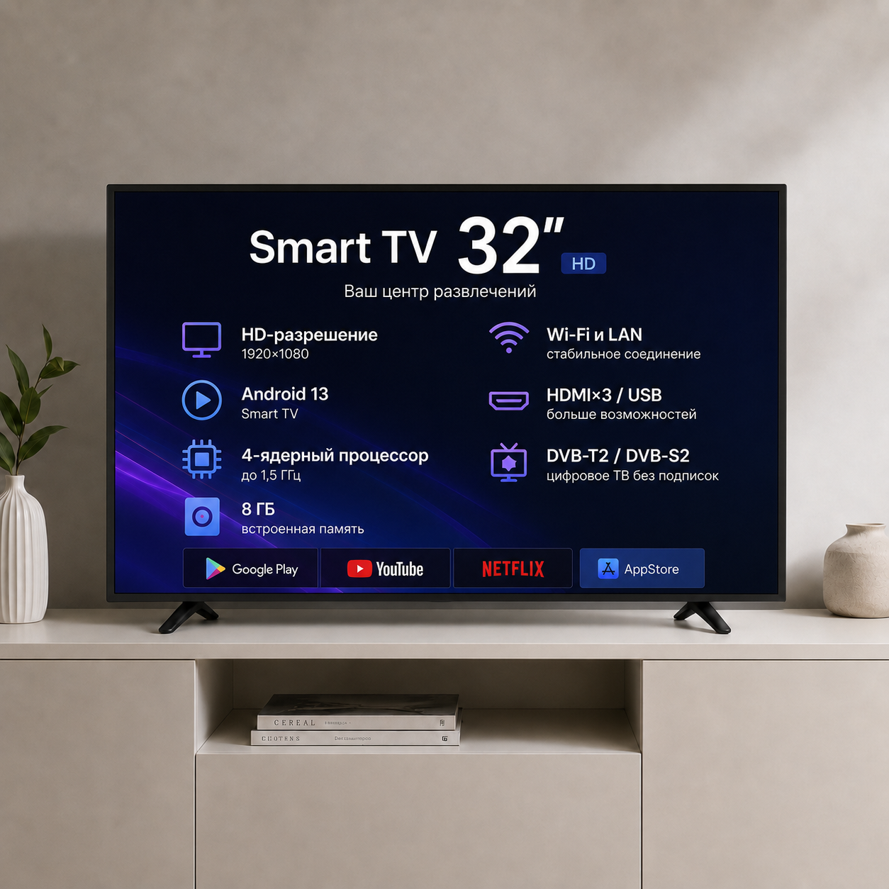 Умный телевизор 32" SMART TV с Android 14, HD (1366*768), VA - матрица, Dolby Audio, Wi - Fi — фото 1