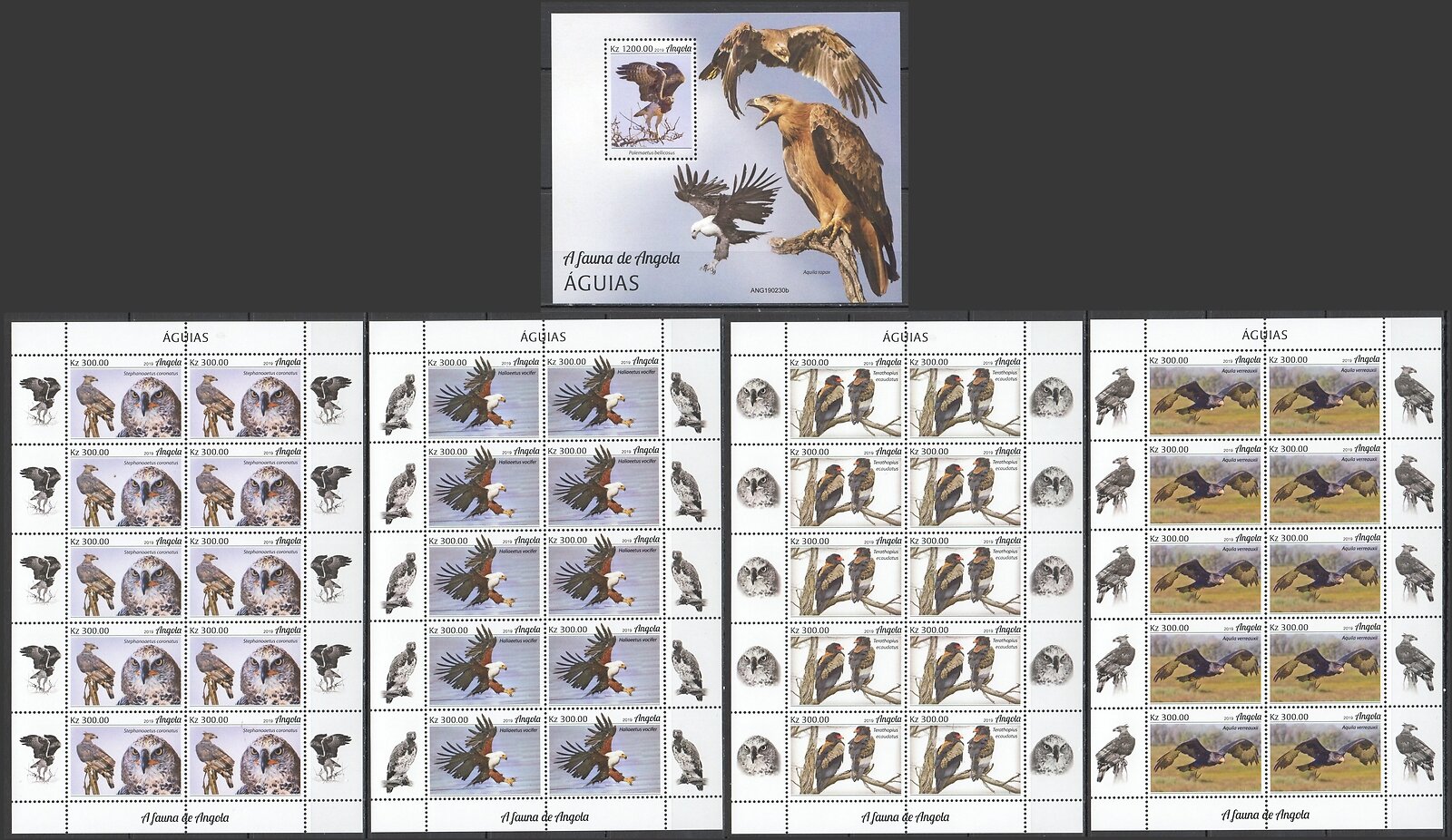 Марки 2019 год Ангола Орланы Хищные птицы Фауна #2240-2243 ! 4 Листа+Bl213 Mnh