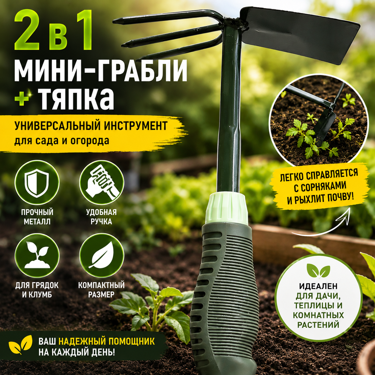Садовый инструмент, мини-грабли с тяпкой, металл, 26см, 3 зубца, зеленый