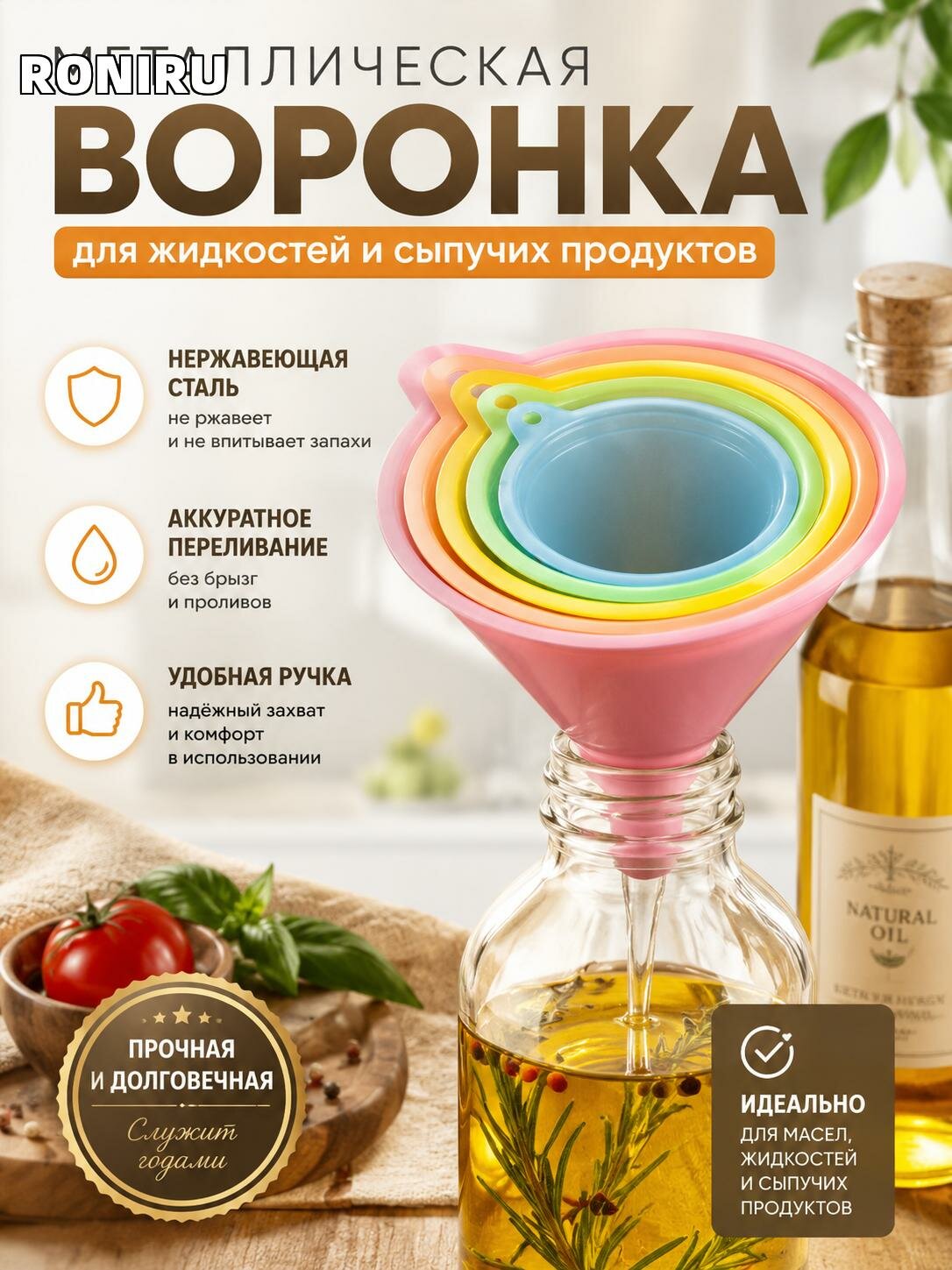Металлическая кухонная воронка для аккуратного переливания жидкостей, масел и сыпучих продуктов с удобной ручкой