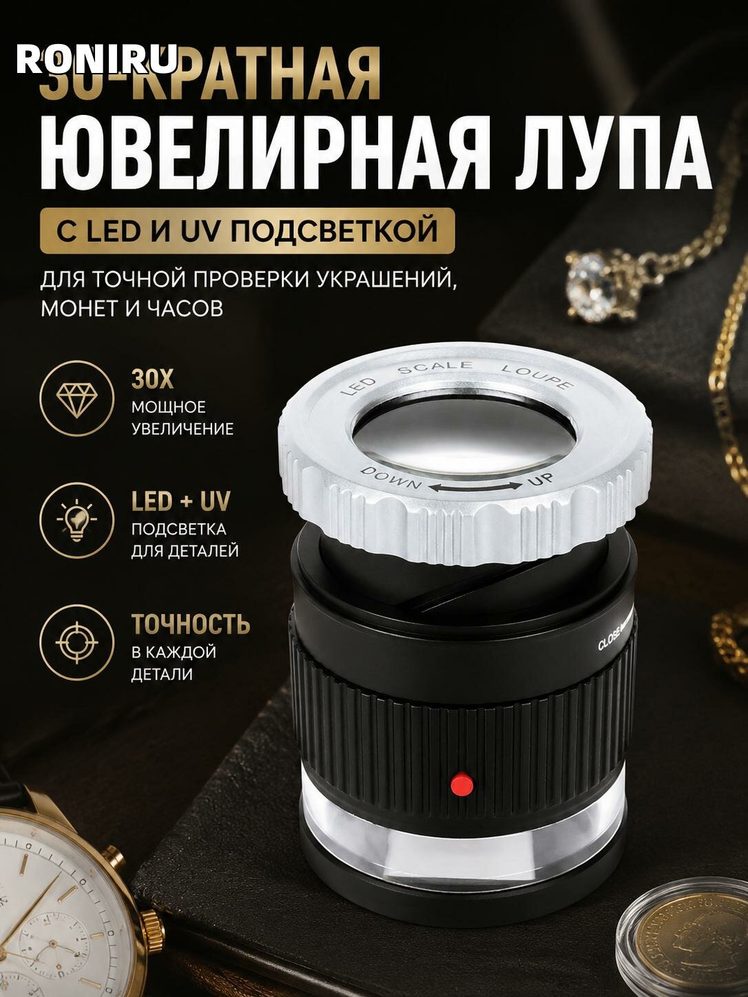 30-кратная ювелирная лупа с LED и UV подсветкой для точной проверки украшений, монет и часов на блеск и дефекты