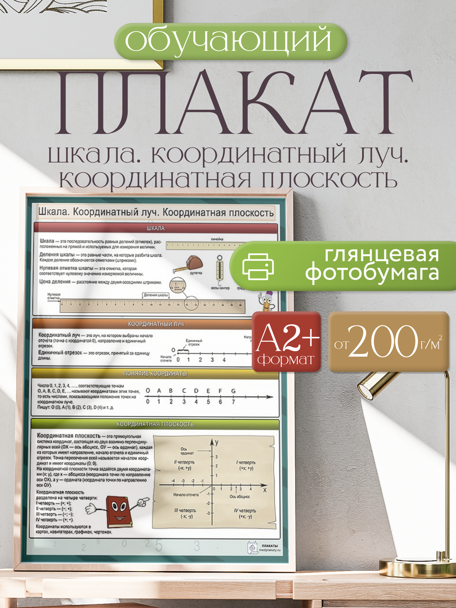 Обучающий плакат "Математика: Шкала. Координатный луч. Координатная плоскость", размер А2+, глянцевая фотобумага от 200г/м2