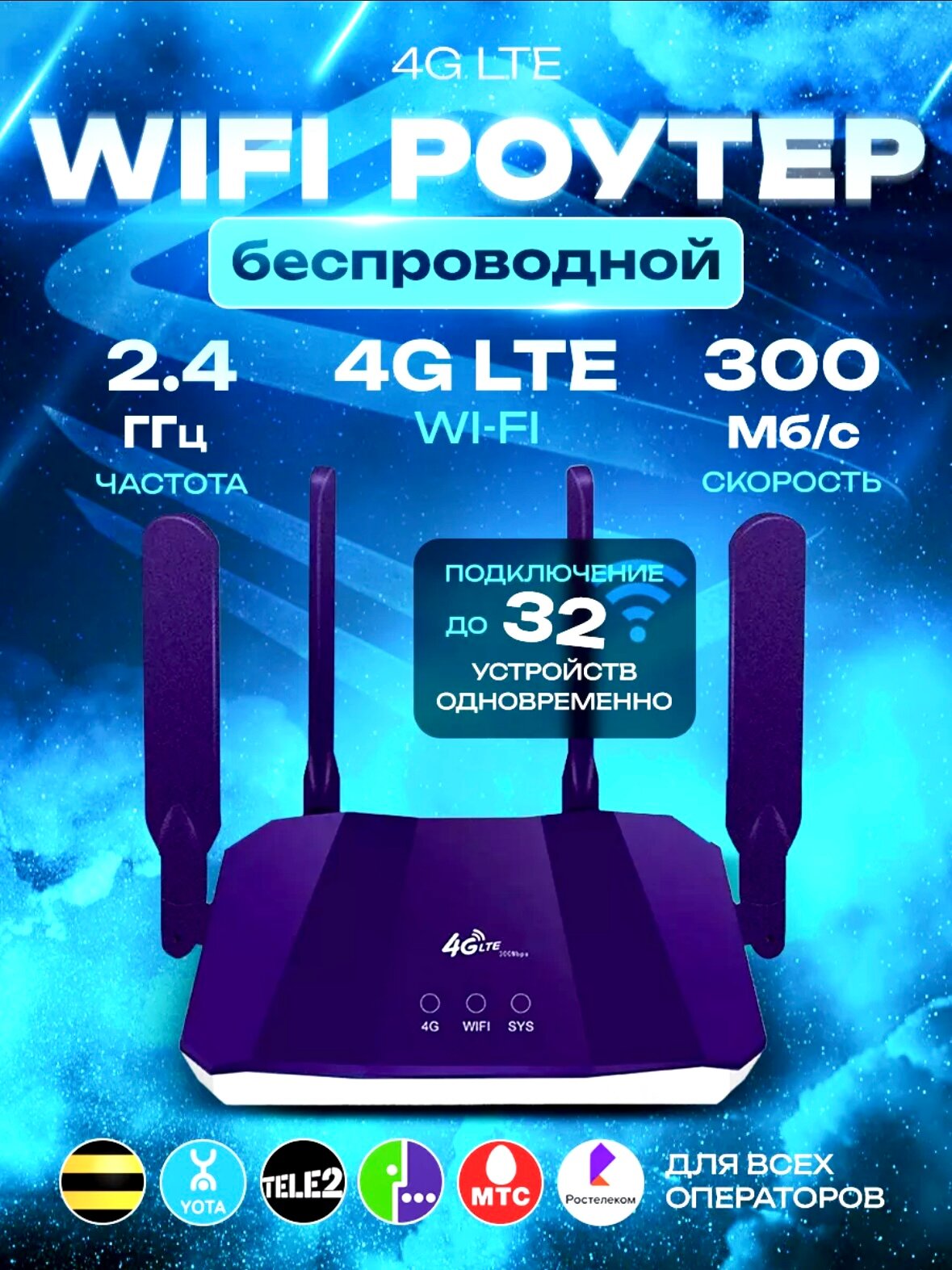 Мощный прошитый 4G LTE маршрутизатор с экраном / Wi-Fi роутер с сим картой, подключение до 32 устройств, скорость до 300 Мбит/с, синий + SIM в подарок