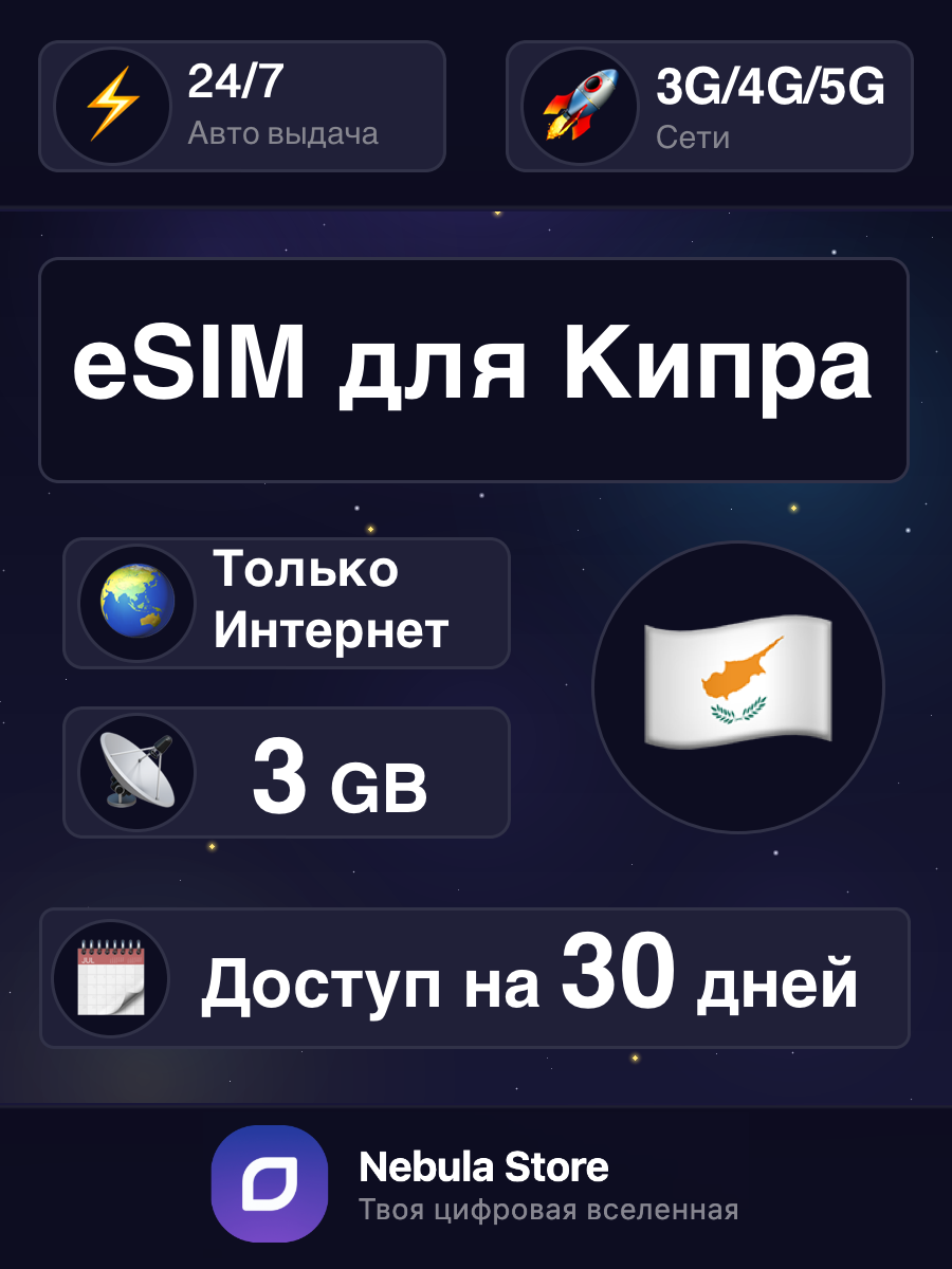 ESIM Кипр | Интернет | 3 ГБ на 30 дней | 4G, 5G | Для телефона и планшета - автовыдача 24/7