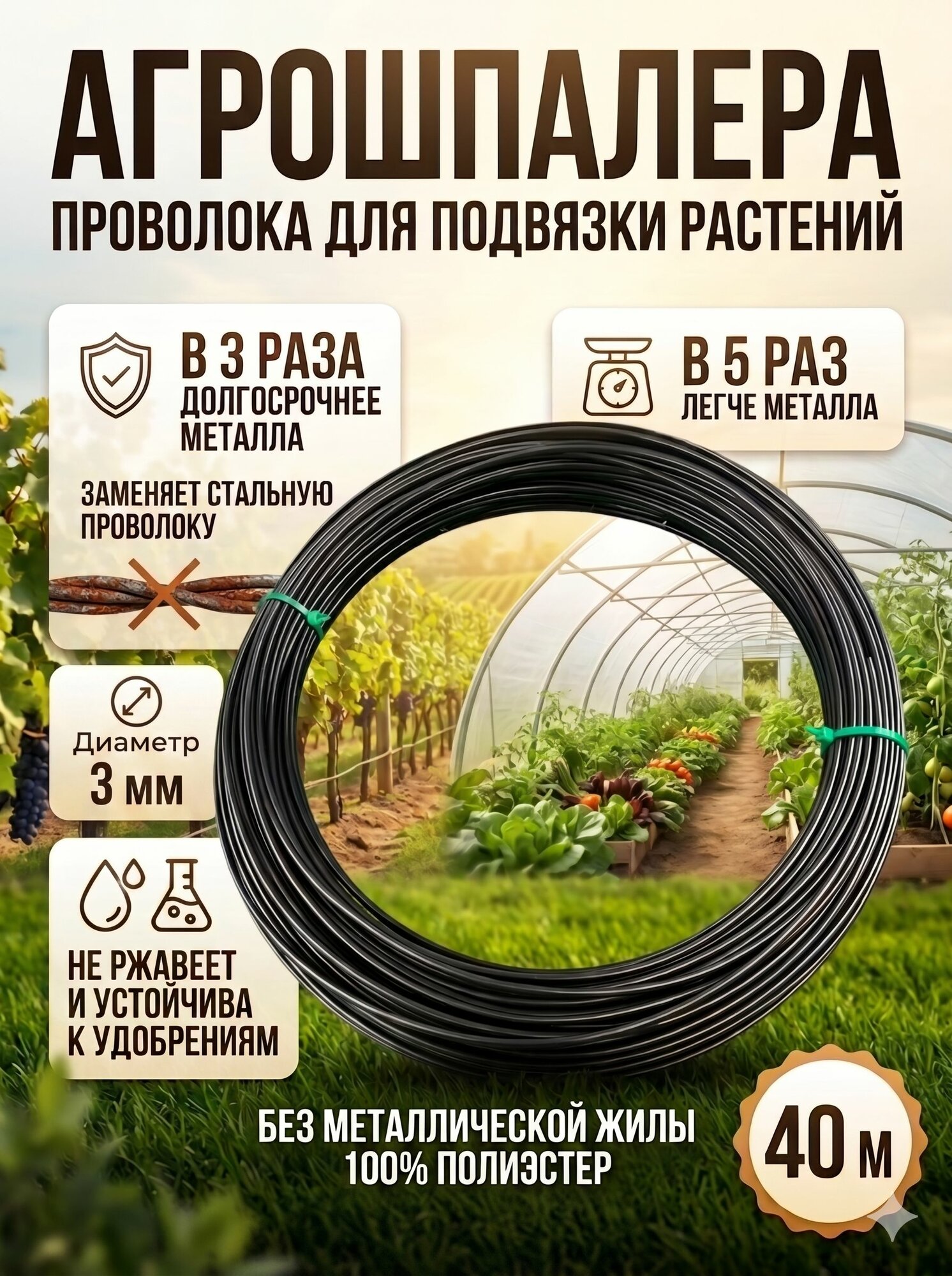 Проволока Агрошпалера для подвязки растений 40 м