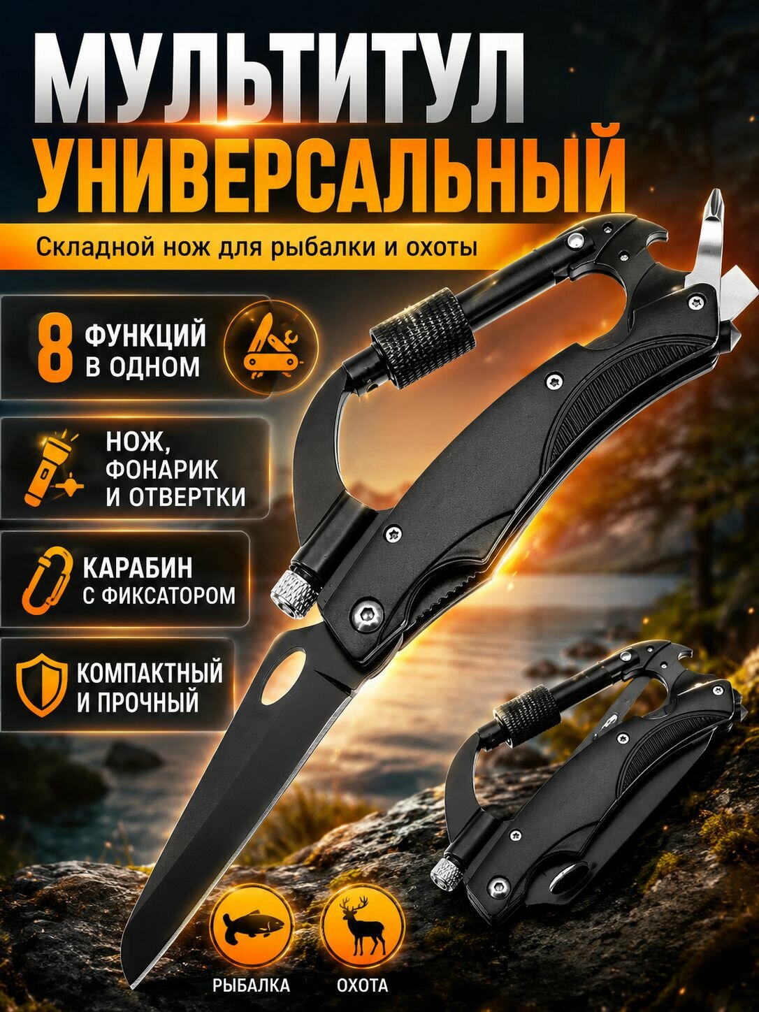 Мультитул-карабин со складным ножом и фанариком, компактный инструмент для рыбалки, похода и авто