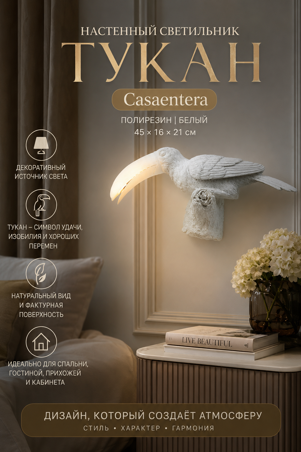Светильник настенный Тукан полирезин белый Casaentera 45х16х21 см CE08-470-009