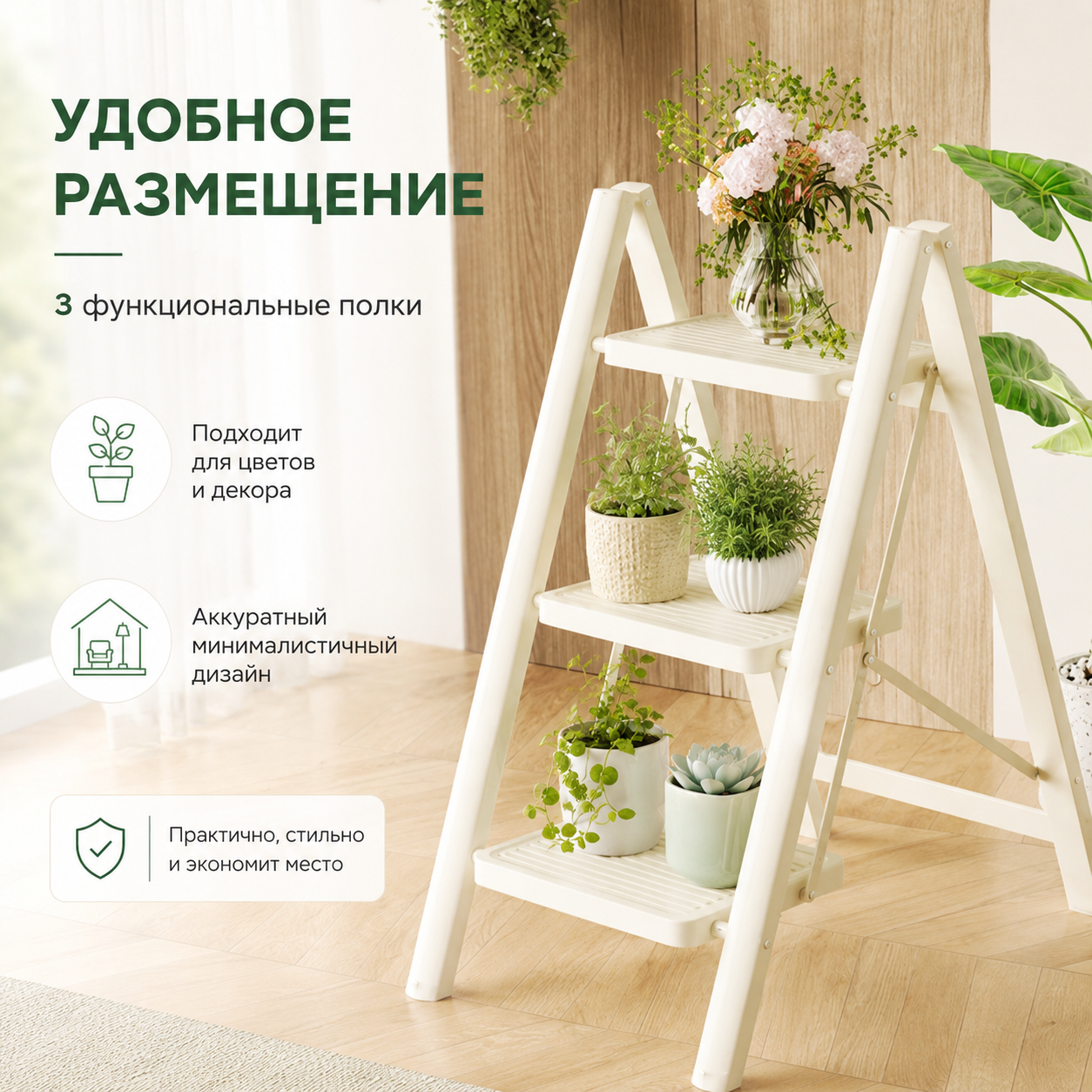 3 ступени, многофункциональные, могут использоваться как подставка для цветов