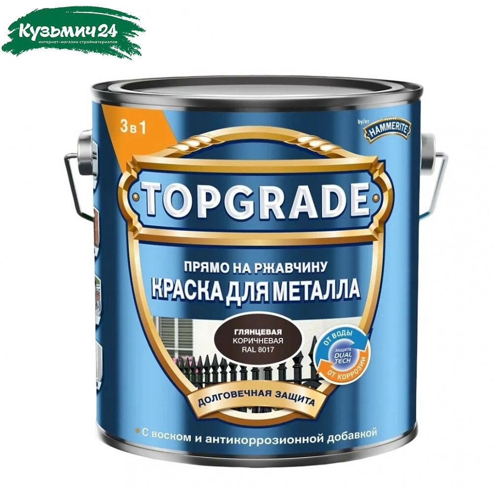 Краска TOPGRADE для металла прямо на ржавчину, 3 в 1, глянцевая, гладкая коричневая RAL 8017, 2 л