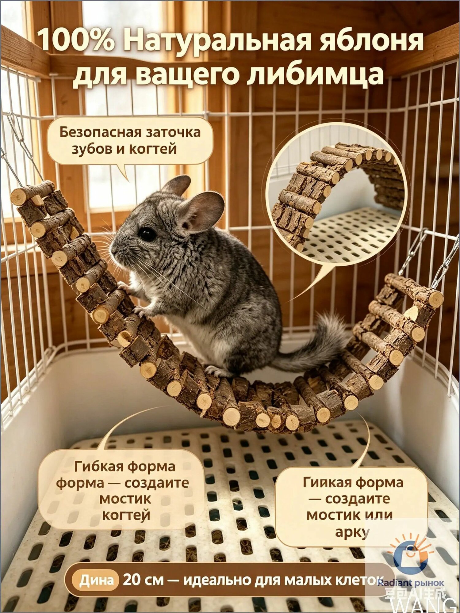 Гибкий мостик из яблони для шиншилл, крыс, хомяков и попугаев, 20 см качественный деревянный трап для грызунов и птиц