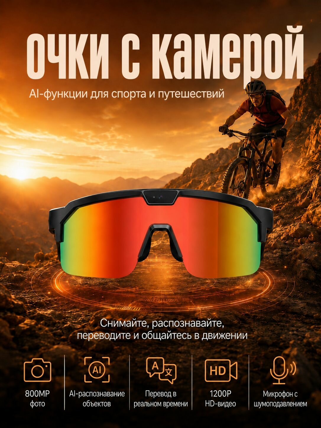 Экшн-камера очки с камерой и микрофоном 8МП AI, оранжевый