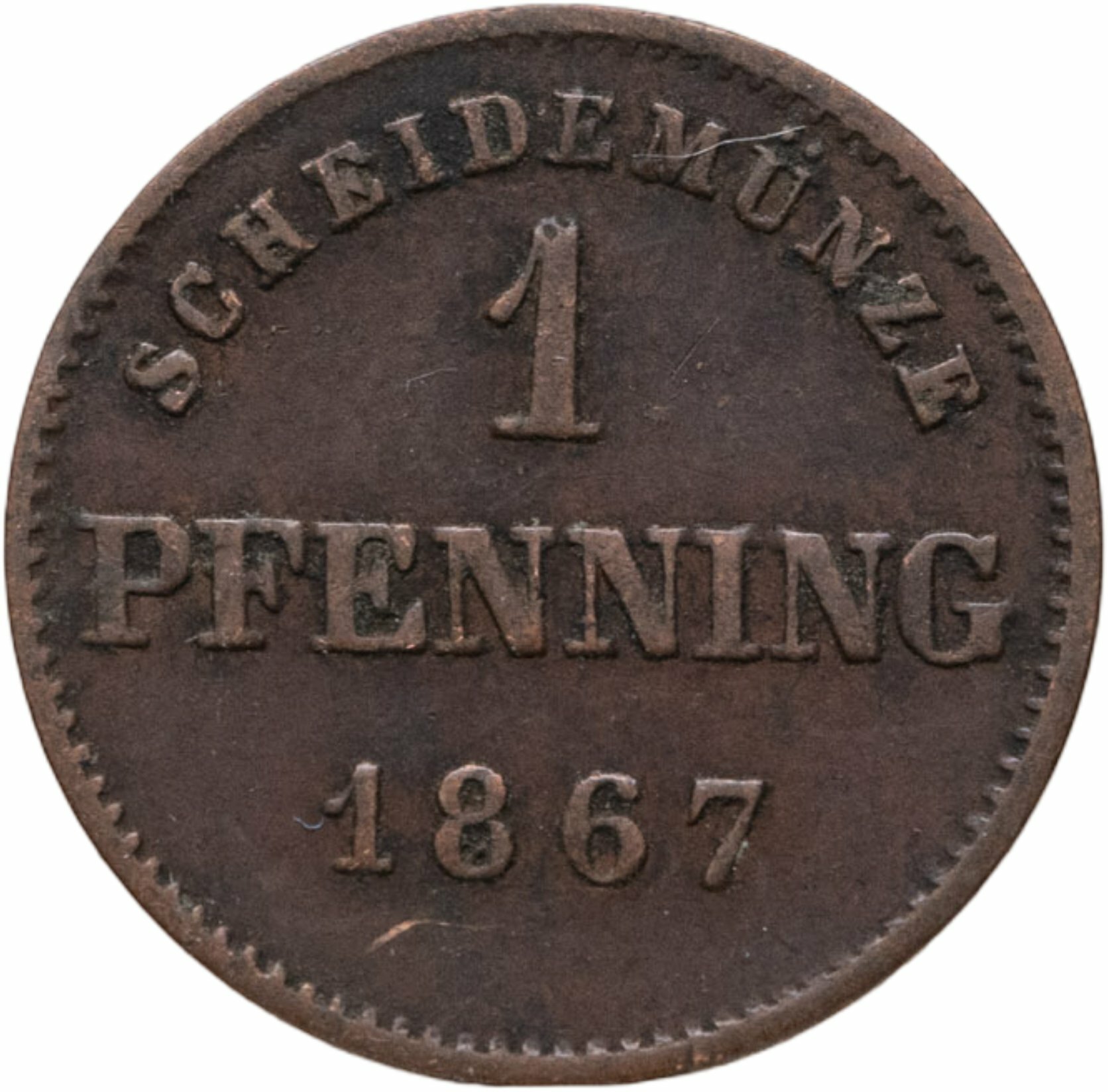 Германия, Бавария 1 пфенниг 1867, Медь, в сохранности XF