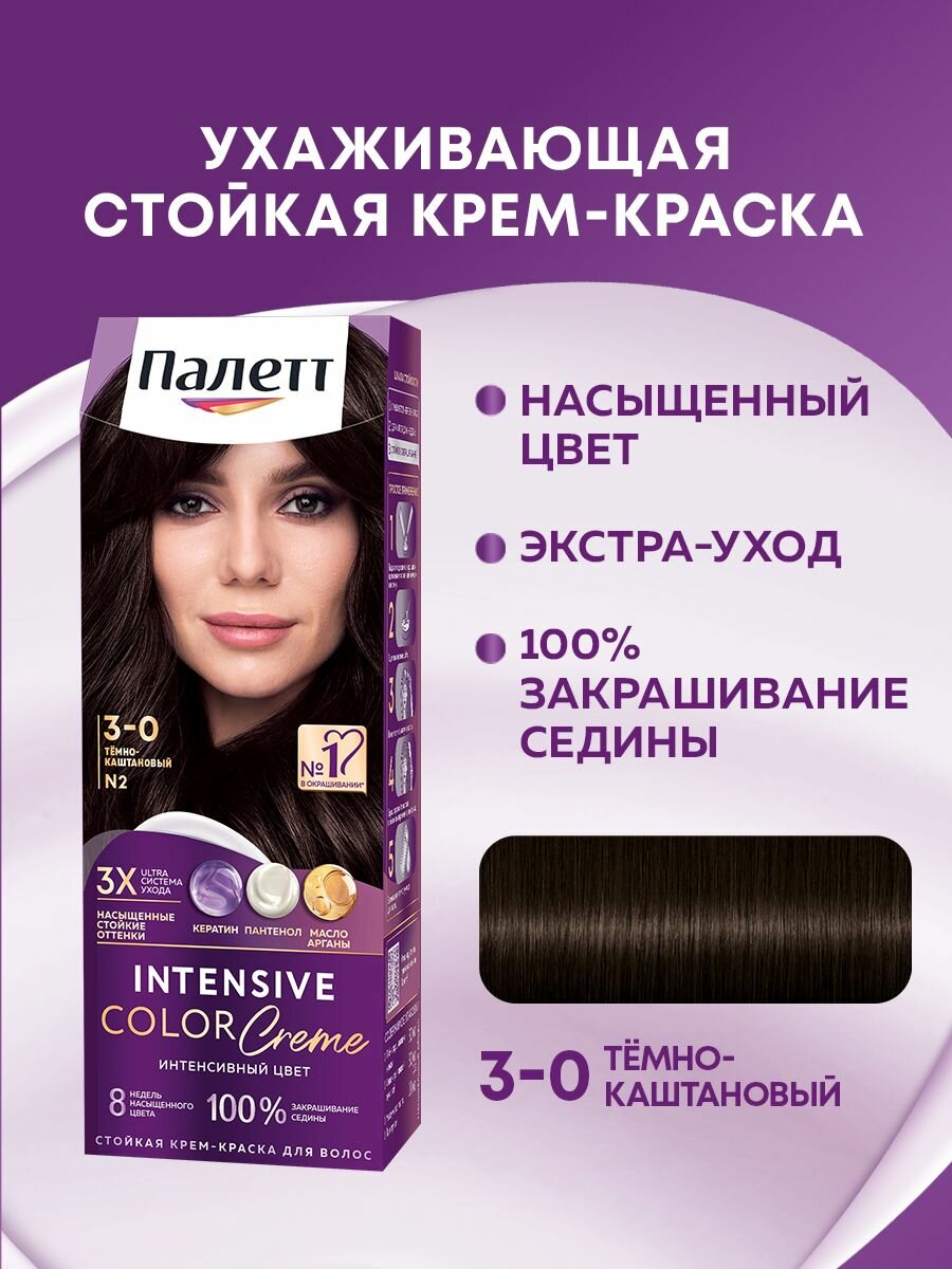Палетт Стойкая крем-краска для волос Интенсивный цвет 3-0 (N2) Тёмно-каштановый, 110 мл