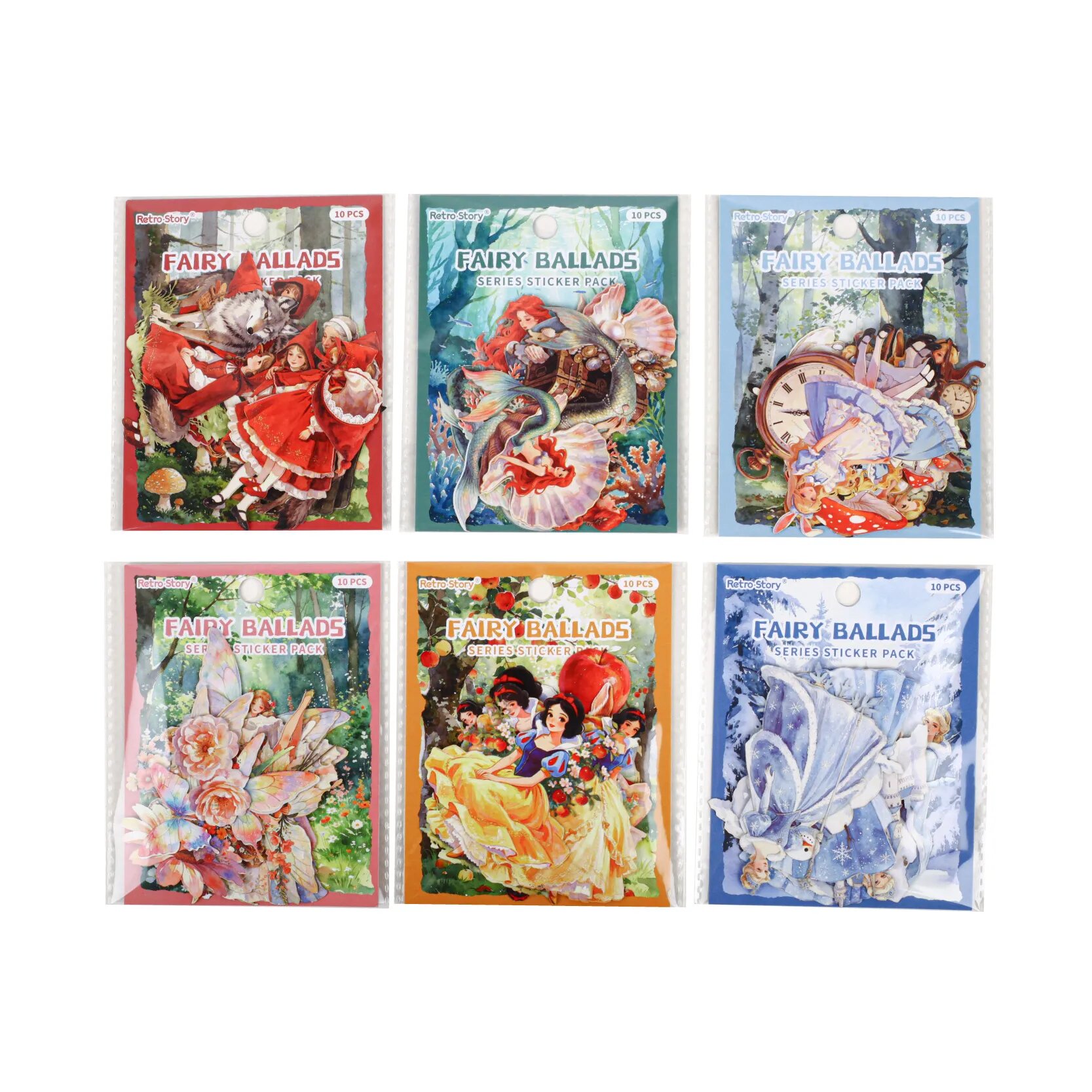 Винтаж набор наклеек JIANWU: принцессы, эльфы, пейзажи set of 6