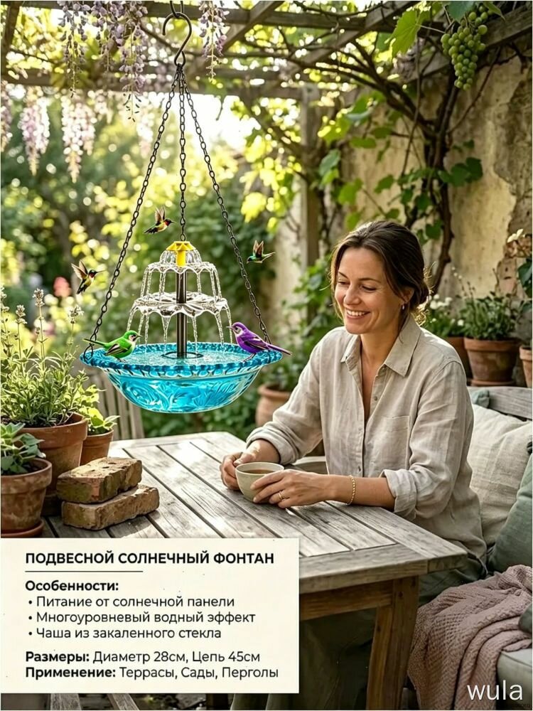 Фонтан садовый синий стеклянный с солнечной батареей для сада, террасы, балкона Фонтан-чаша — фото 1