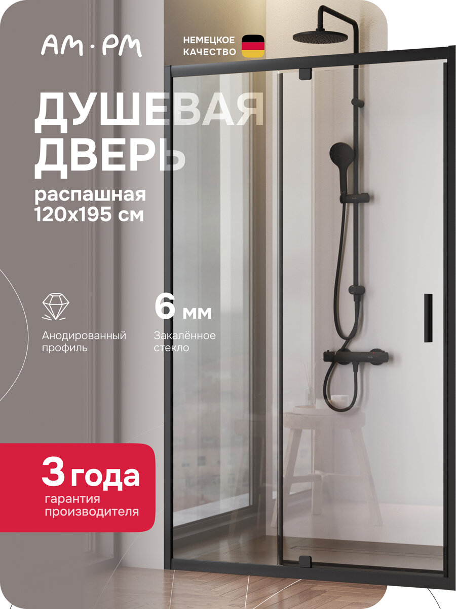 Душевая дверь в нишу AM.PM Gem 120x195 см, распашная дверь, профиль черный, стекло прозрачное