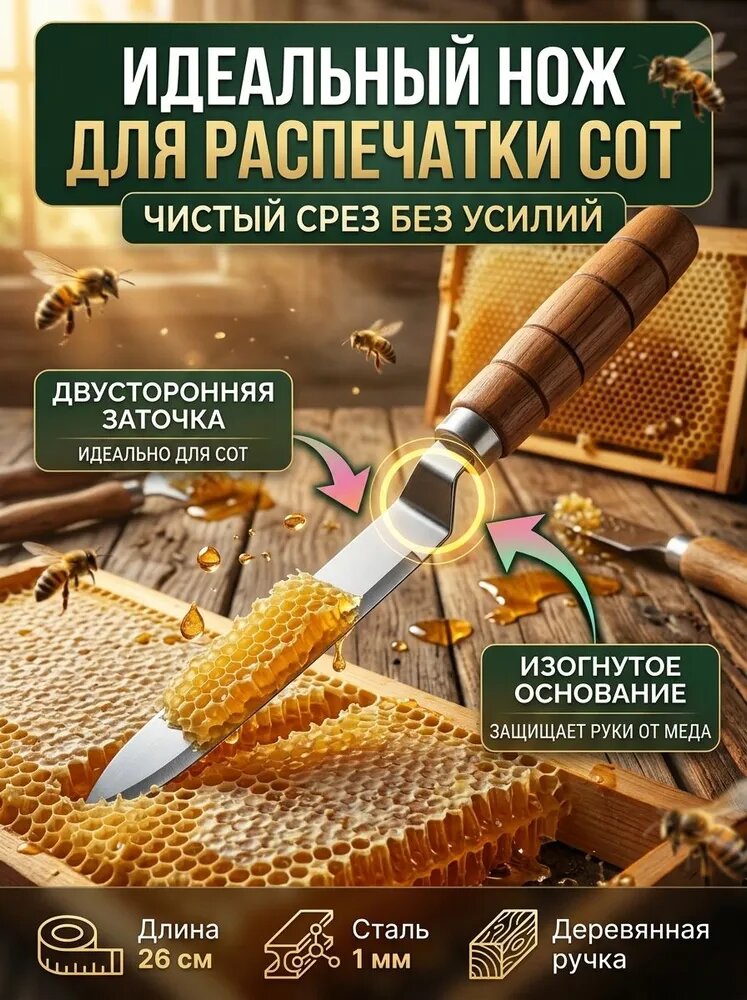 Нож пасечный пищевая нержавейка, 13 см длина лезвия, для распечатки сот и среза забруса, литой проклепанный пчеловодный